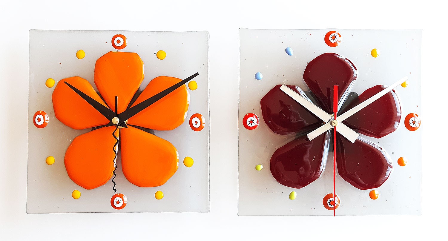 Wall Glass Clock Red Flower Home Decor Fused Modern Art - Etsy