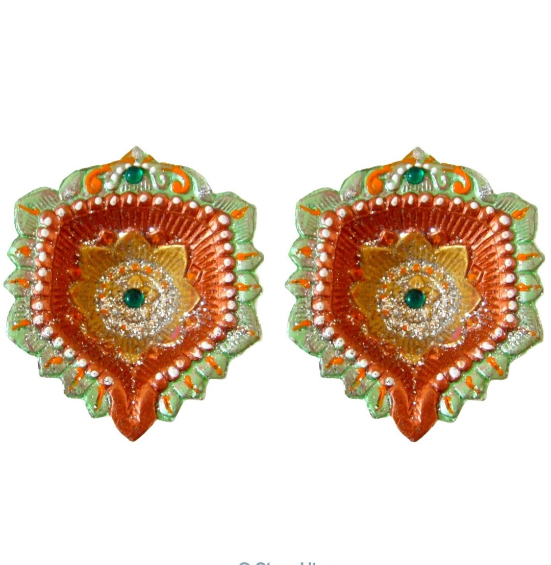 Copper Color Diya Terracotta Floral With Green Border & Golden Flower ...