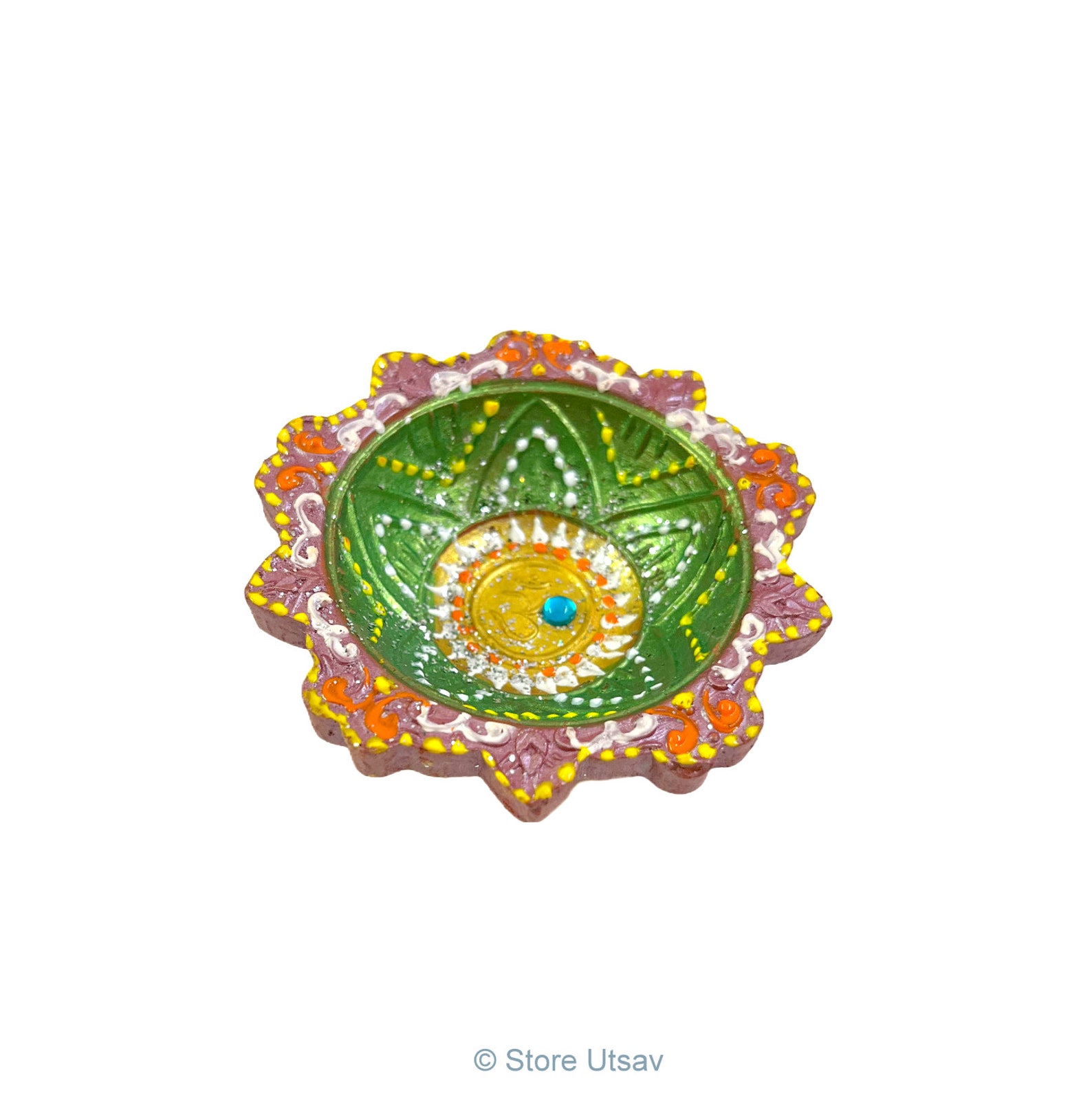 Diya Terracotta Green and Golden Round Floral Bowl Medium Size, Candle ...