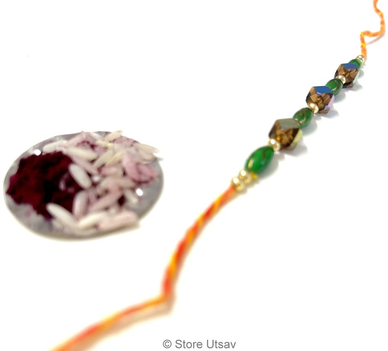 Rakhi Bracelet String With Green Glass Beads + Tika | Green Wristband ...