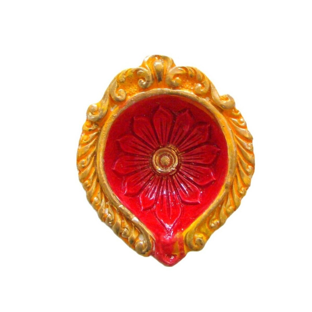 1 Red Diya Terracotta Alankar With Orange Carved Border, Decorative ...