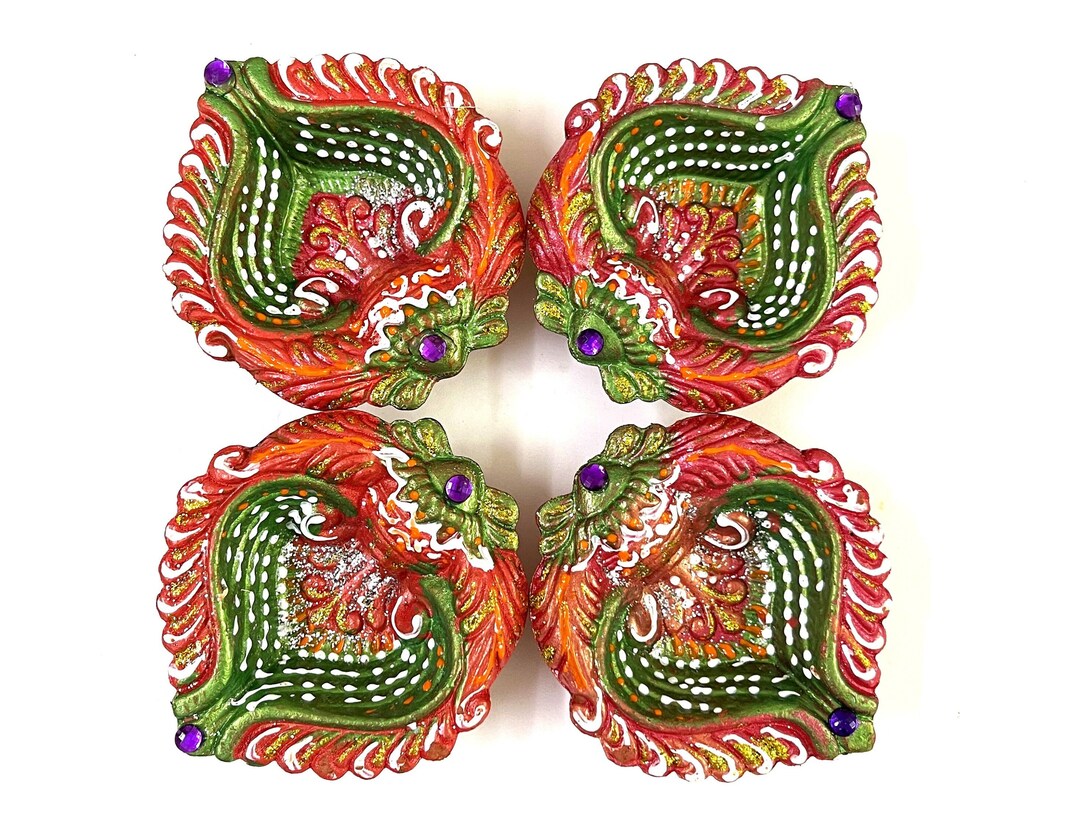 Diya Terracotta Leafy Geru & Green, Tealight Candle Holder Clay Pottery ...