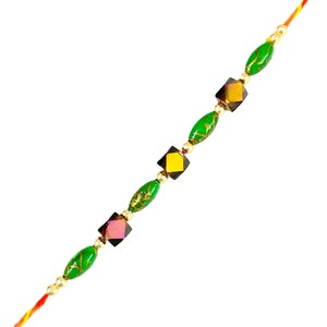 Rakhi Bracelet String With Green Glass Beads + Tika | Green Wristband ...