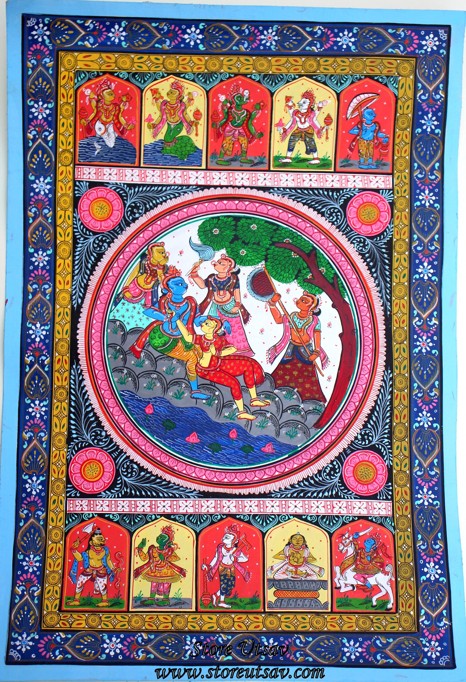 Pattachitra Painting Krishna Radha with Gopi on Paper Pata | Etsy