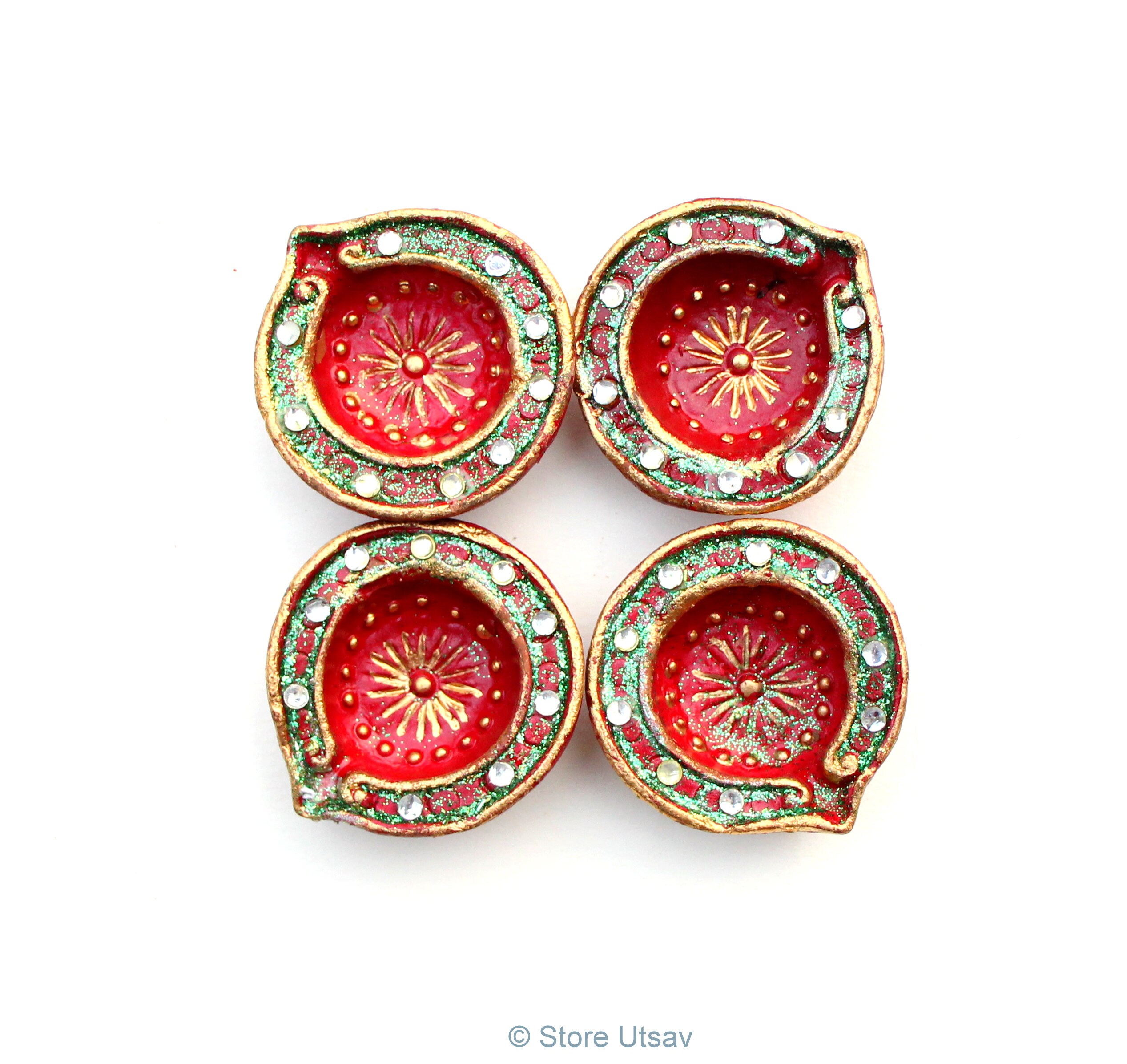 Red Diya Terracotta Floral With Green Glitter Border Clay Pillar Candle ...