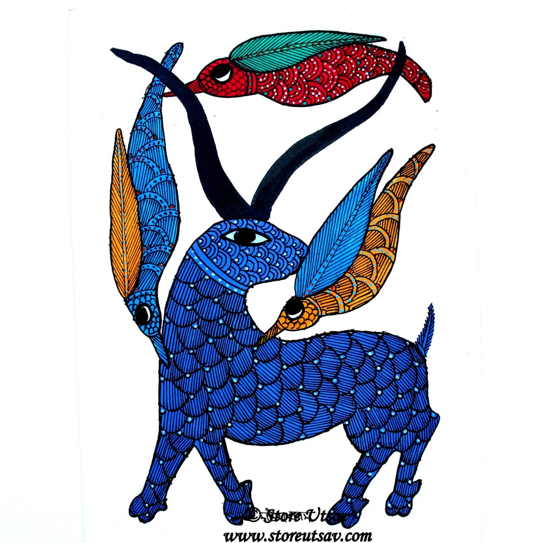 Oryx and Birds Gond Painting Original Forest Scene Theme Colorful Gond ...