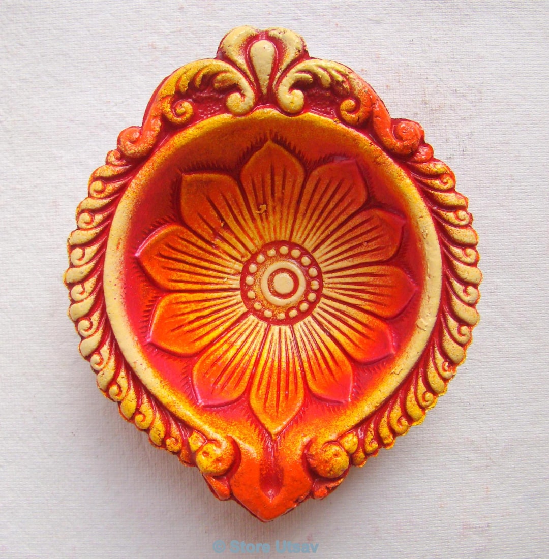 Large Orange Diya Terracotta Clay Decoartive Bowl Floral | Candle ...