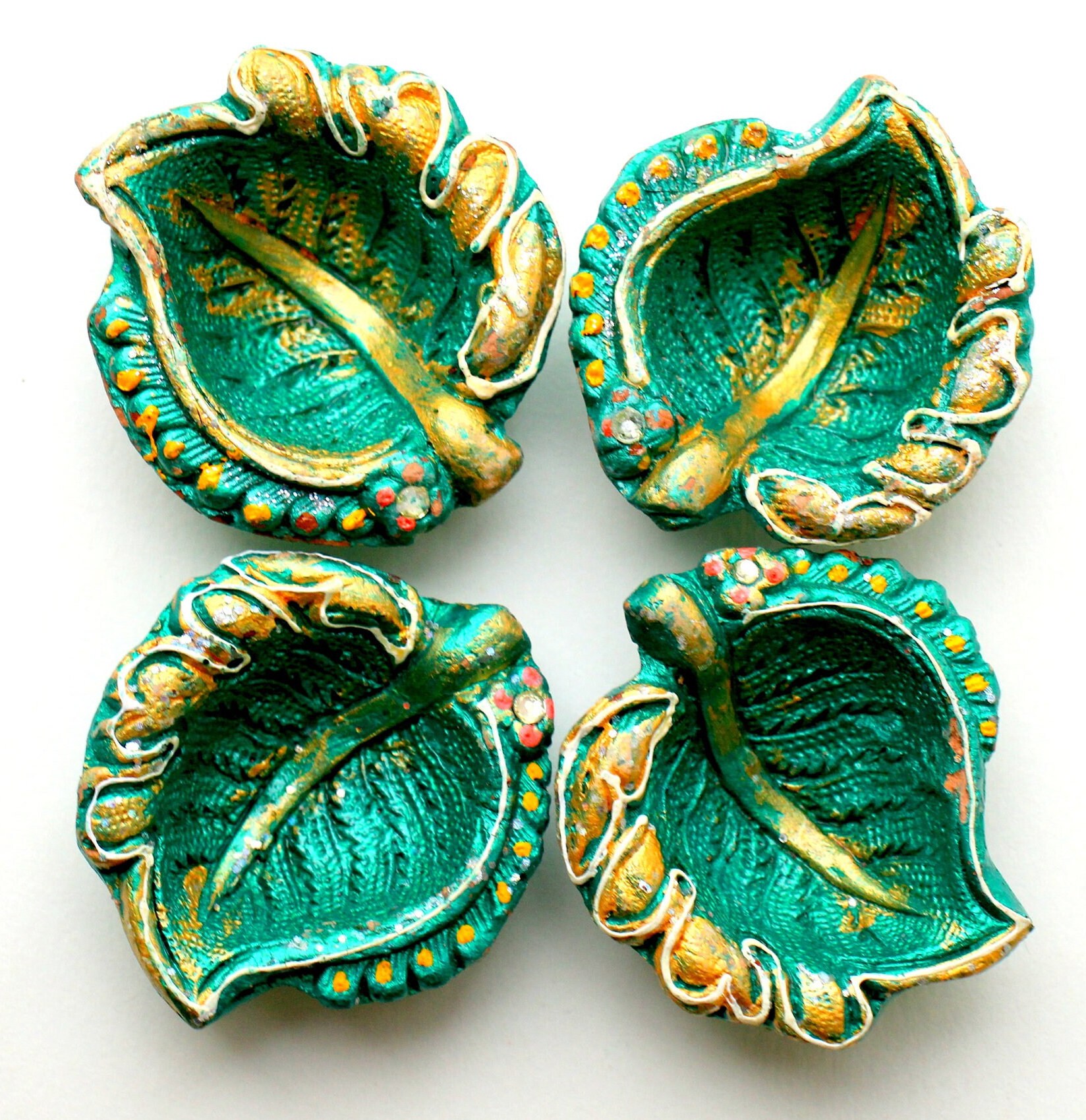 Green Diya Terracotta Leafy Medium Size, Tealight Candle Holder Clay ...