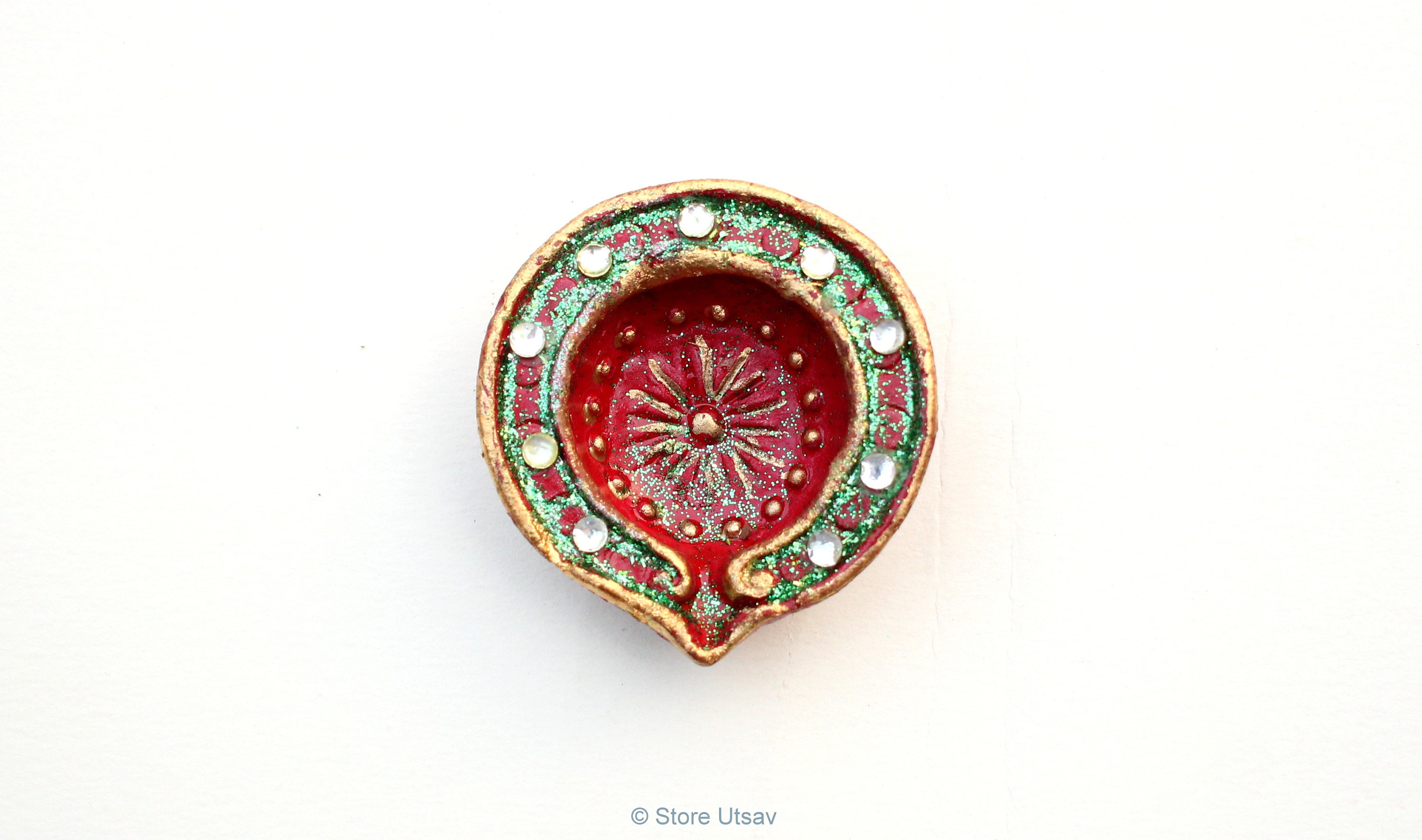 Red Diya Terracotta Floral With Green Glitter Border Clay Pillar Candle ...