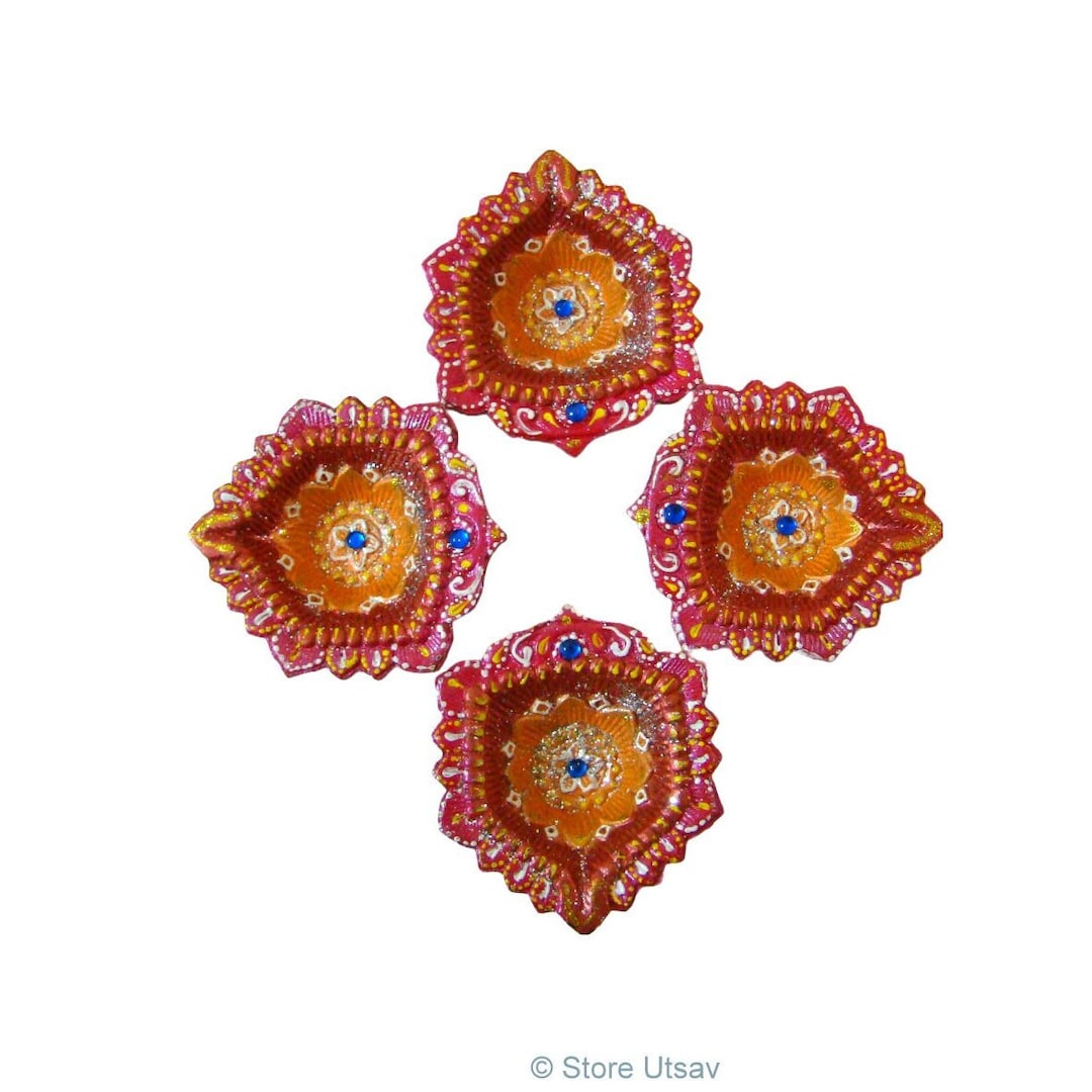 Orange Diya Terracotta Floral Hexagon With Pink Cutwork Border ...