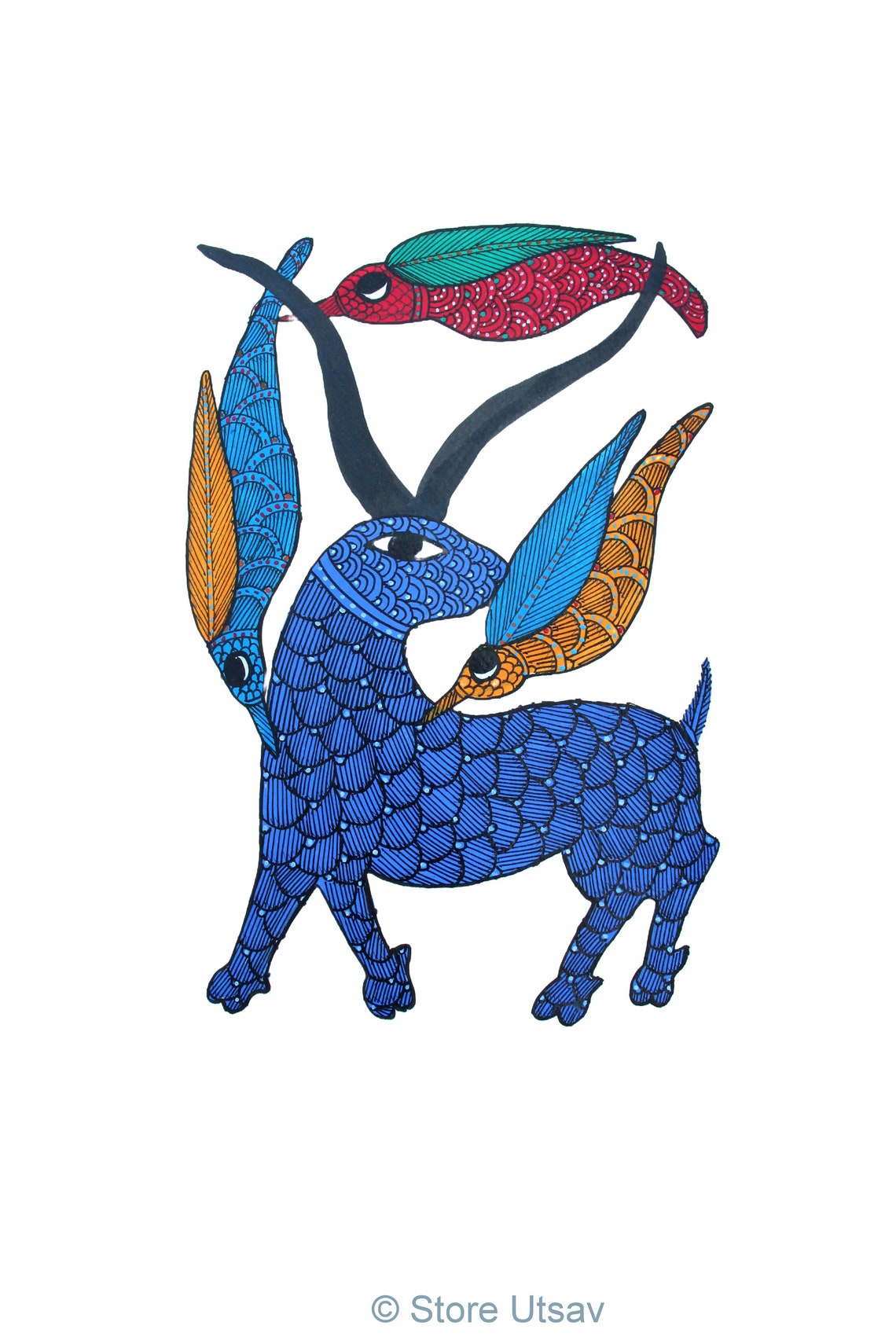 Oryx and Birds Gond Painting Original Forest Scene Theme Colorful Gond ...