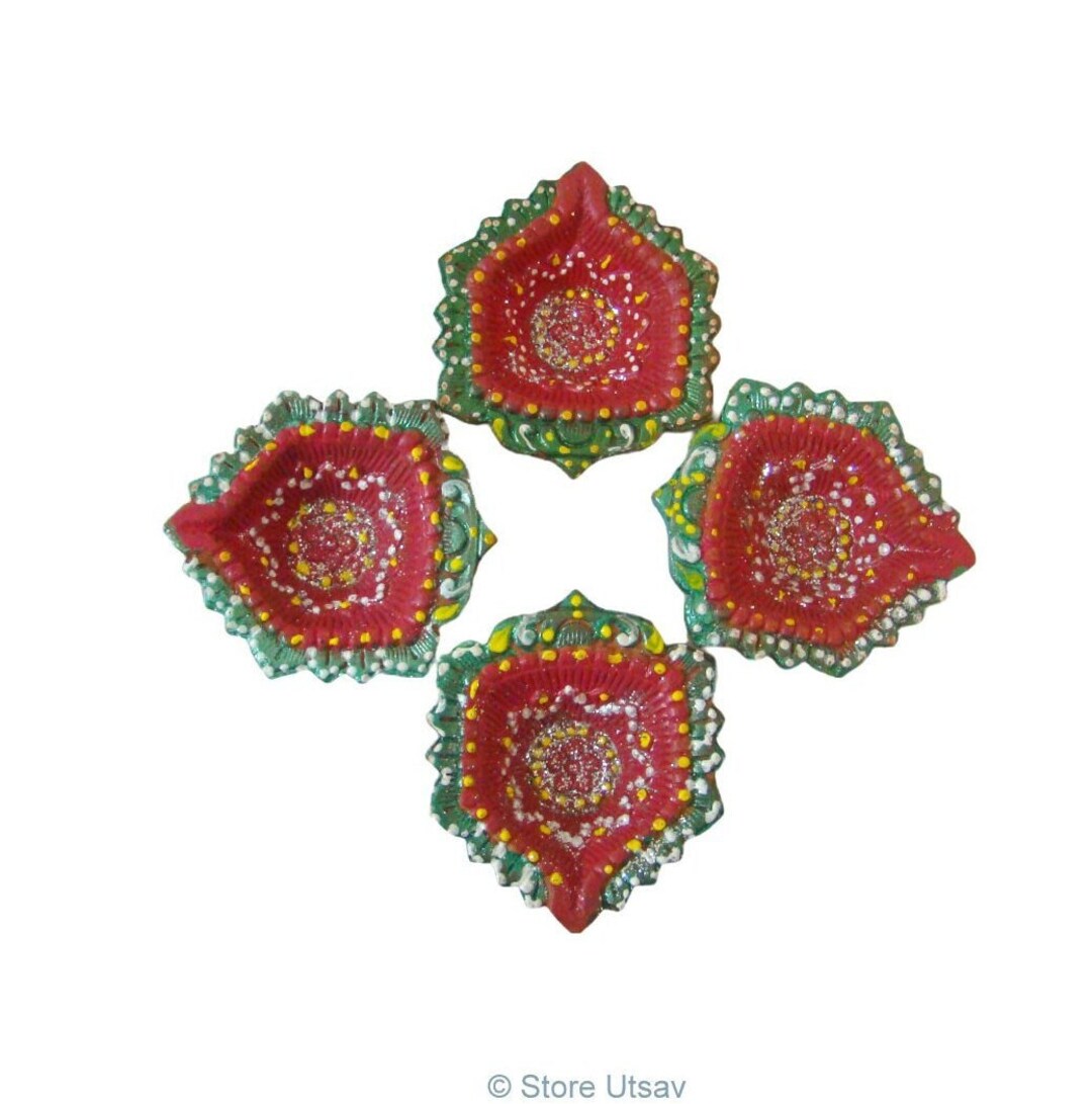 Red Diya Terracotta Floral Hexagon With Green Border, Tealight Candle ...