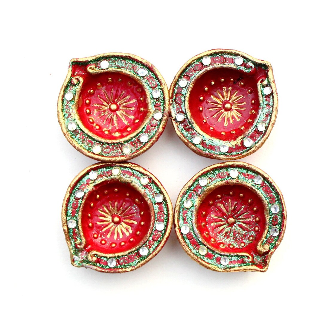 Red Diya Terracotta Floral With Green Glitter Border, Clay Candle ...