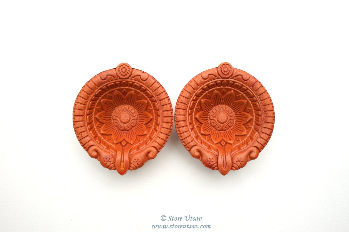 Floral Diya Terracotta Unpainted earthen Red Primer, Festive Decor ...