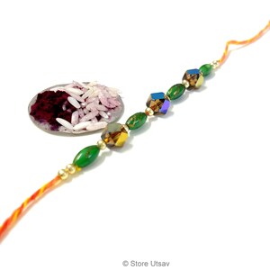 Rakhi Bracelet String With Green Glass Beads + Tika | Green Wristband ...