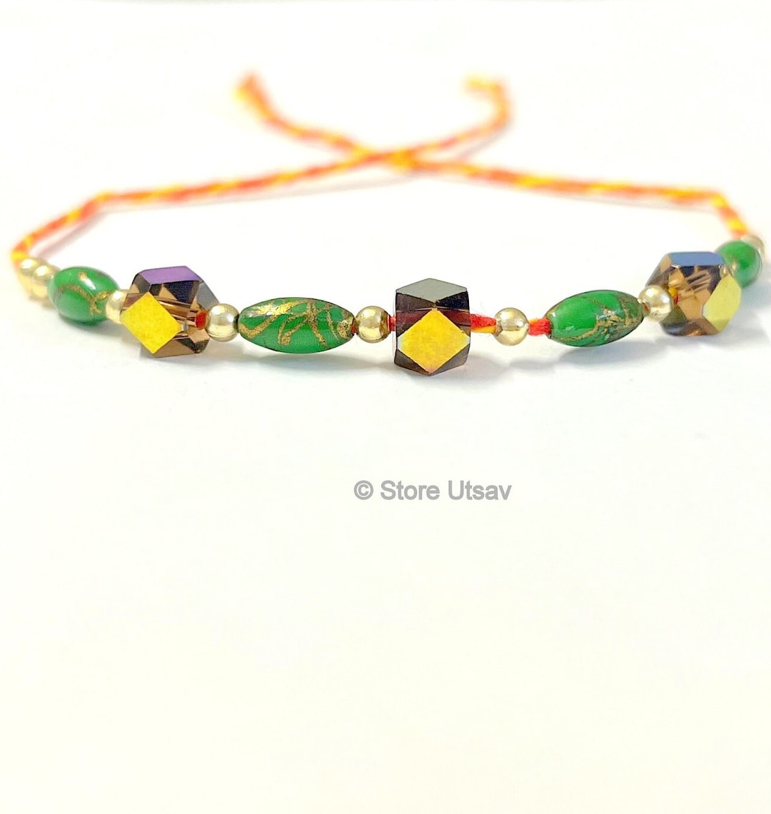 Rakhi Bracelet String With Green Glass Beads + Tika | Green Wristband ...