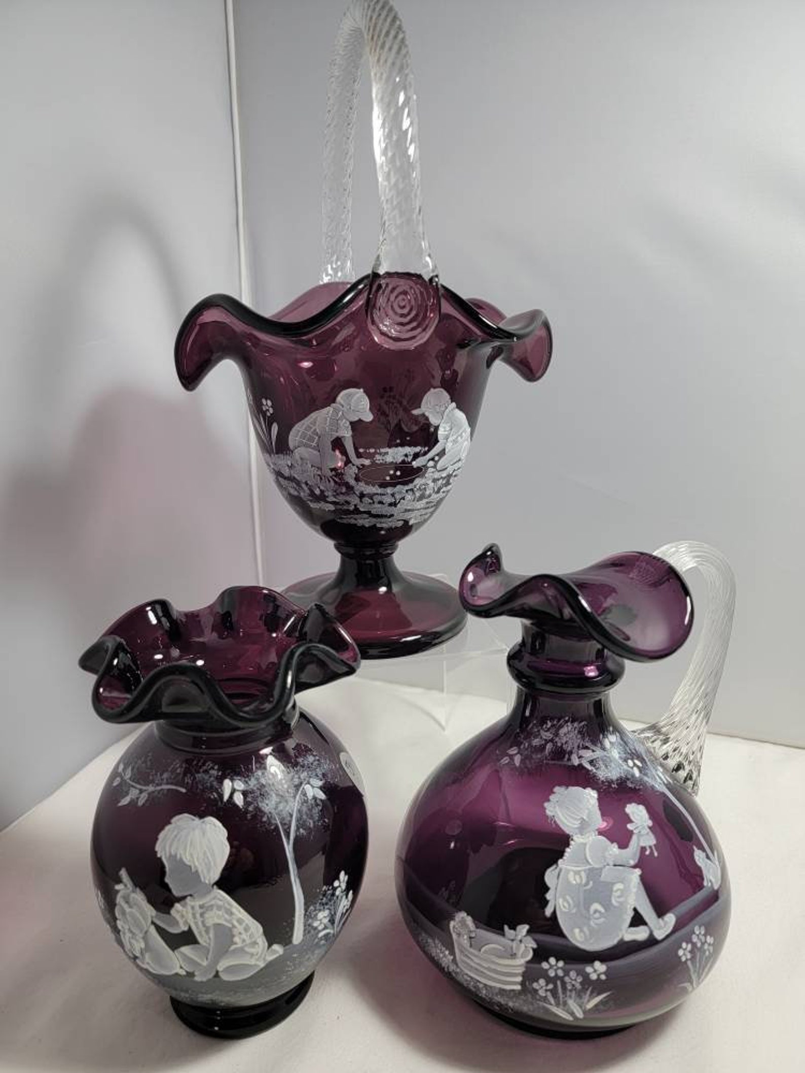 Fenton Glass Aubergine Plum Mary Gregory Collection Basket | Etsy