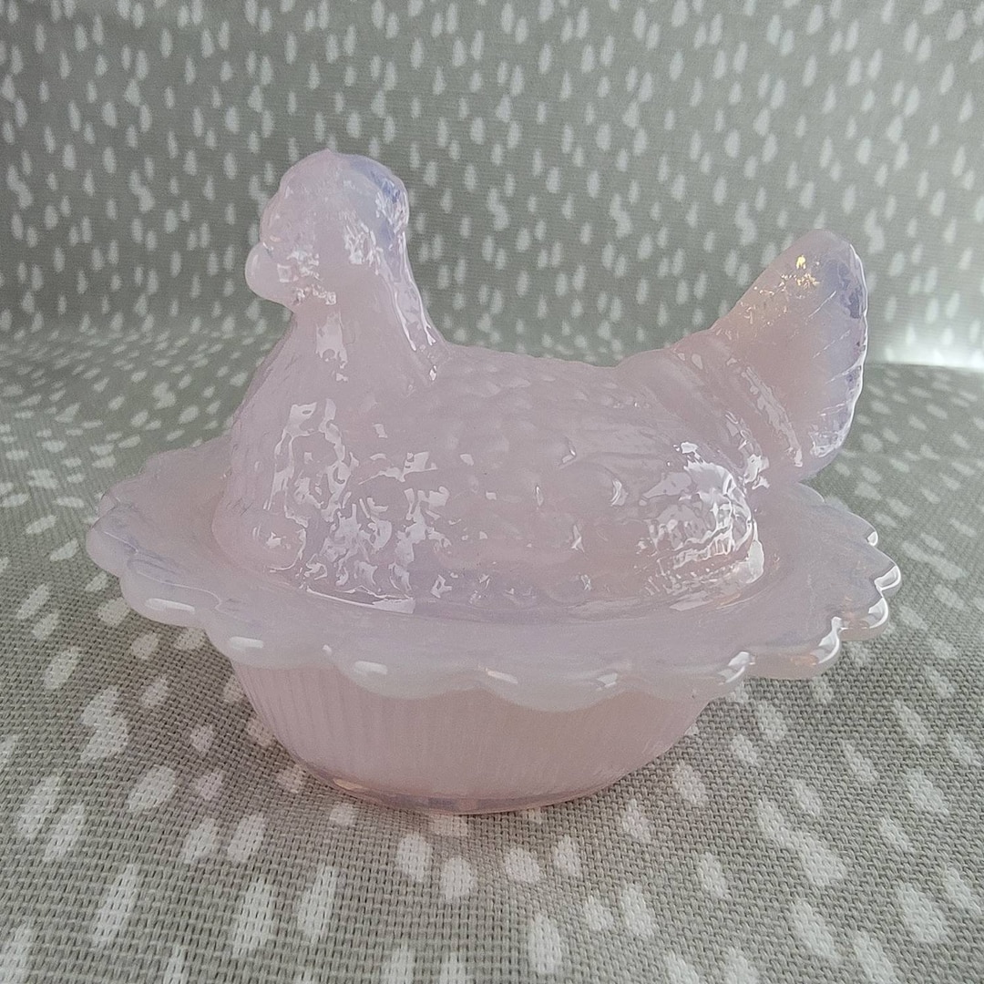 Mosser Glass Miniature Hen on Nest - Light PINK Opalescent Crown Tuscan ...