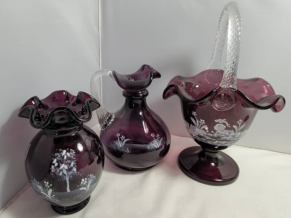 Fenton Glass Aubergine Plum Mary Gregory Collection Basket | Etsy