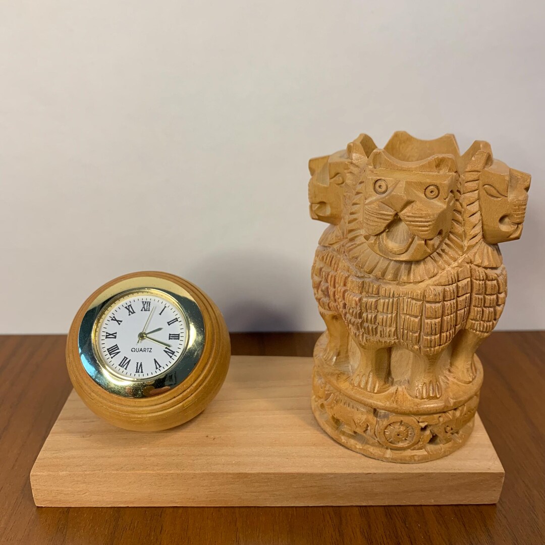 MCM Ashoka Lions, Ashok Pillar Quartz Clock Desk Set Wood Carved India - Etsy