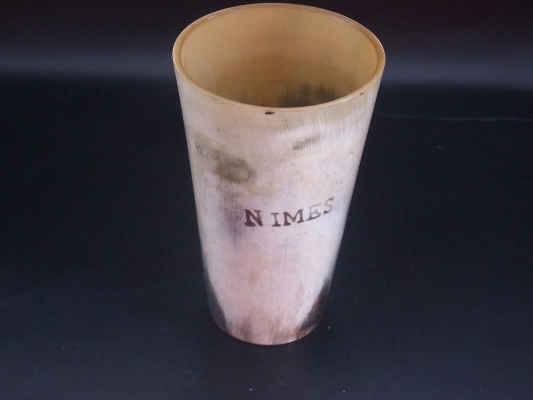 Antique Primitive Horn Beaker Engraved NIMES, Stag Horn Drinking Cup ...
