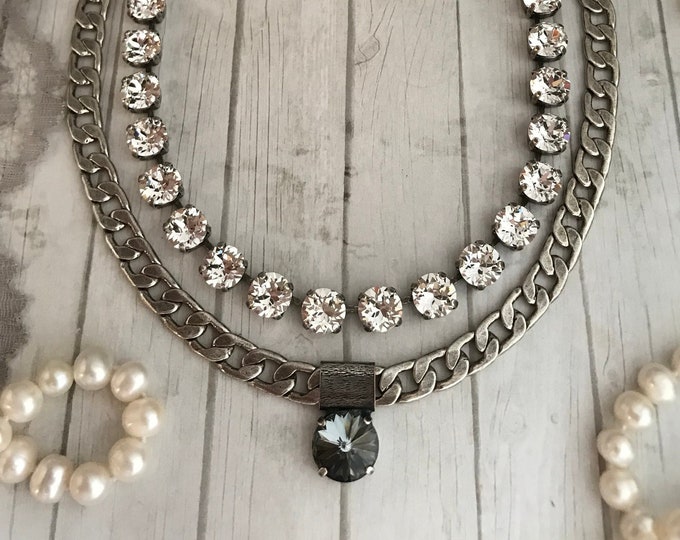 SIMPLE SPARKLE Single Stone Pendant Necklace Silver Tone Flat Curb Link ...