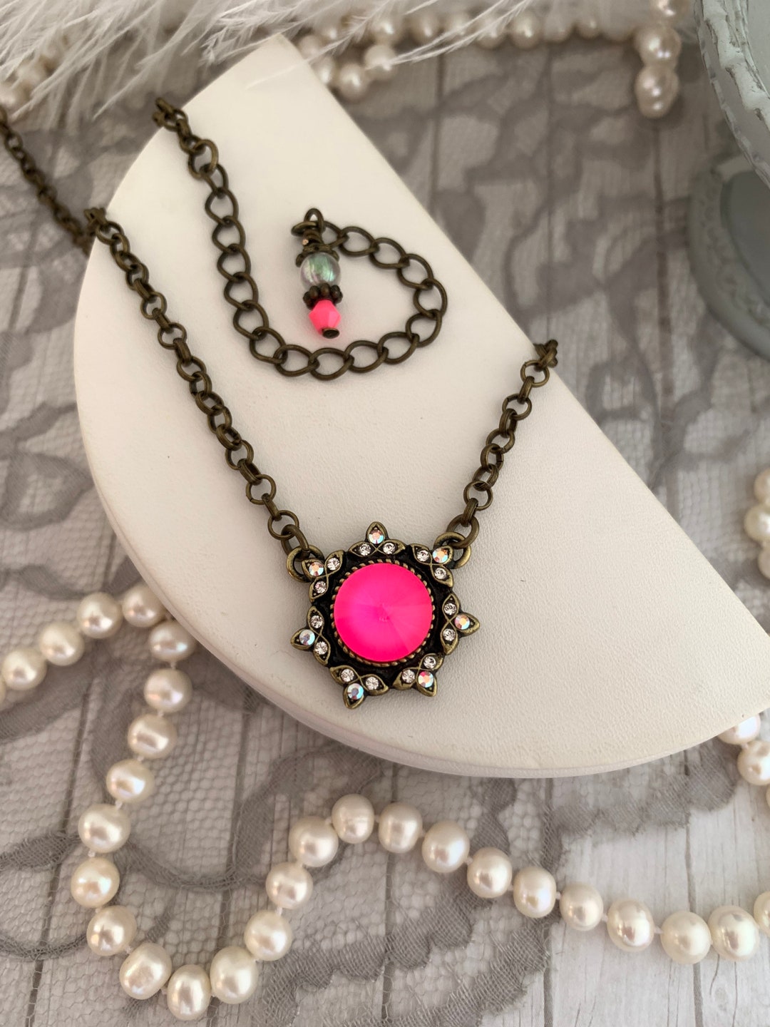 Neon Pink Crystal Pendant, Lacey Flower Pendant, Hot Pink, Electric ...