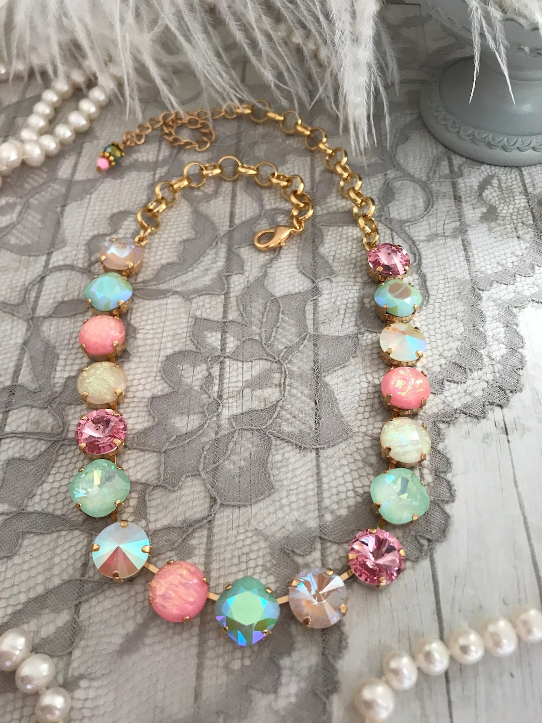 ICED SHERBERT Mint, Pink and Gold Crystal and Chain Tennis Necklace - Etsy