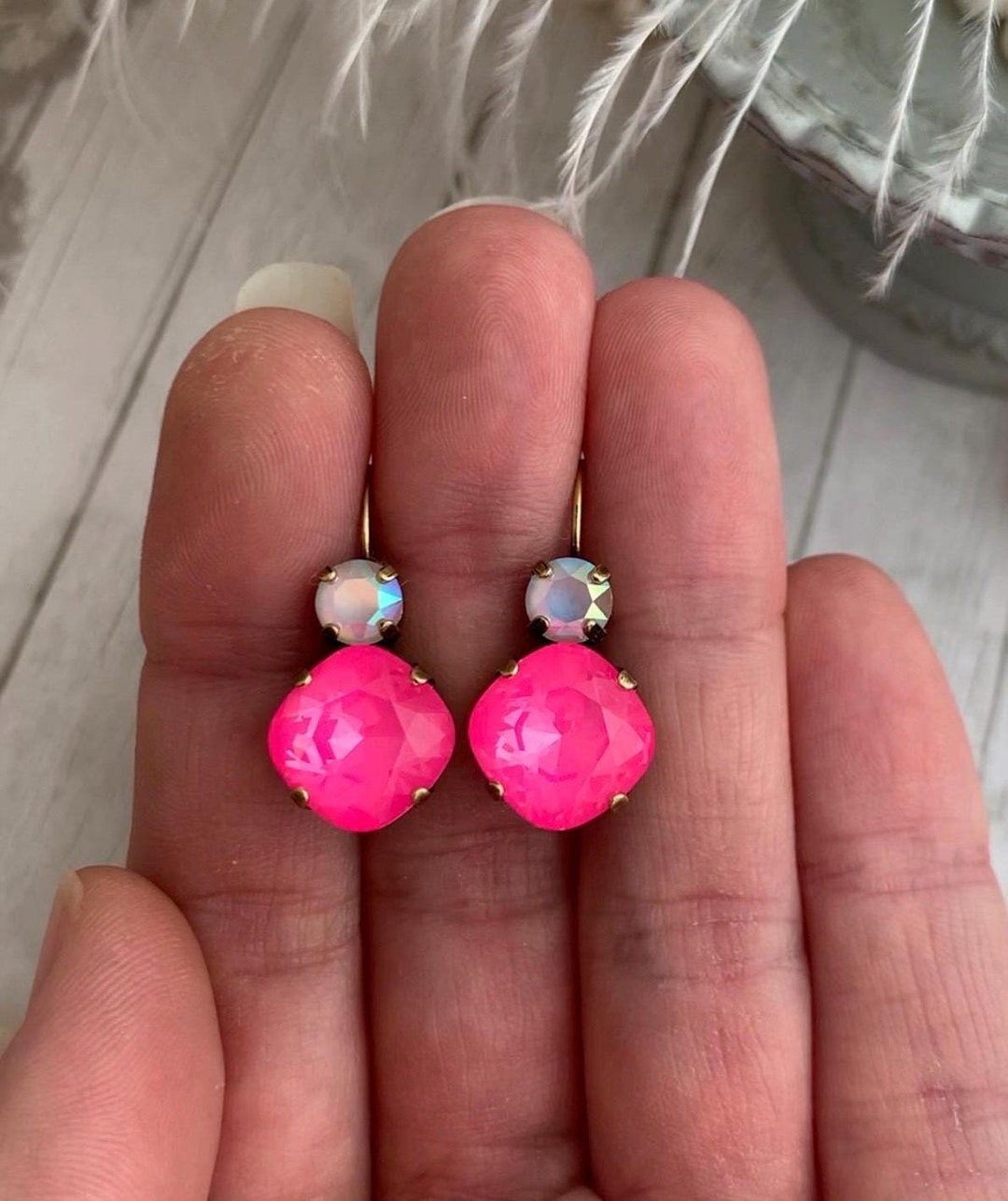 Electric Pink Drop Earring, Neon Pink Square Stone Lever Back Earring ...