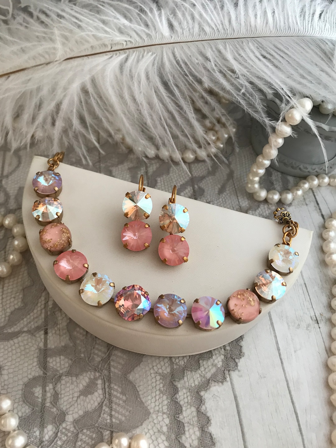 CHERRY BLOSSOM Stacked Two Stone Drop Earrings Pale Pink, Shimmer Stone ...