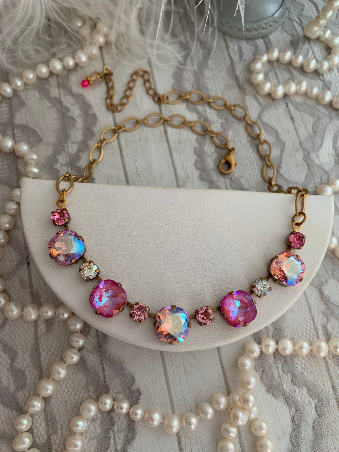 Pastel Pink Square Stone Necklace Petal Pink, Raspberry Pink, Rose Pink ...