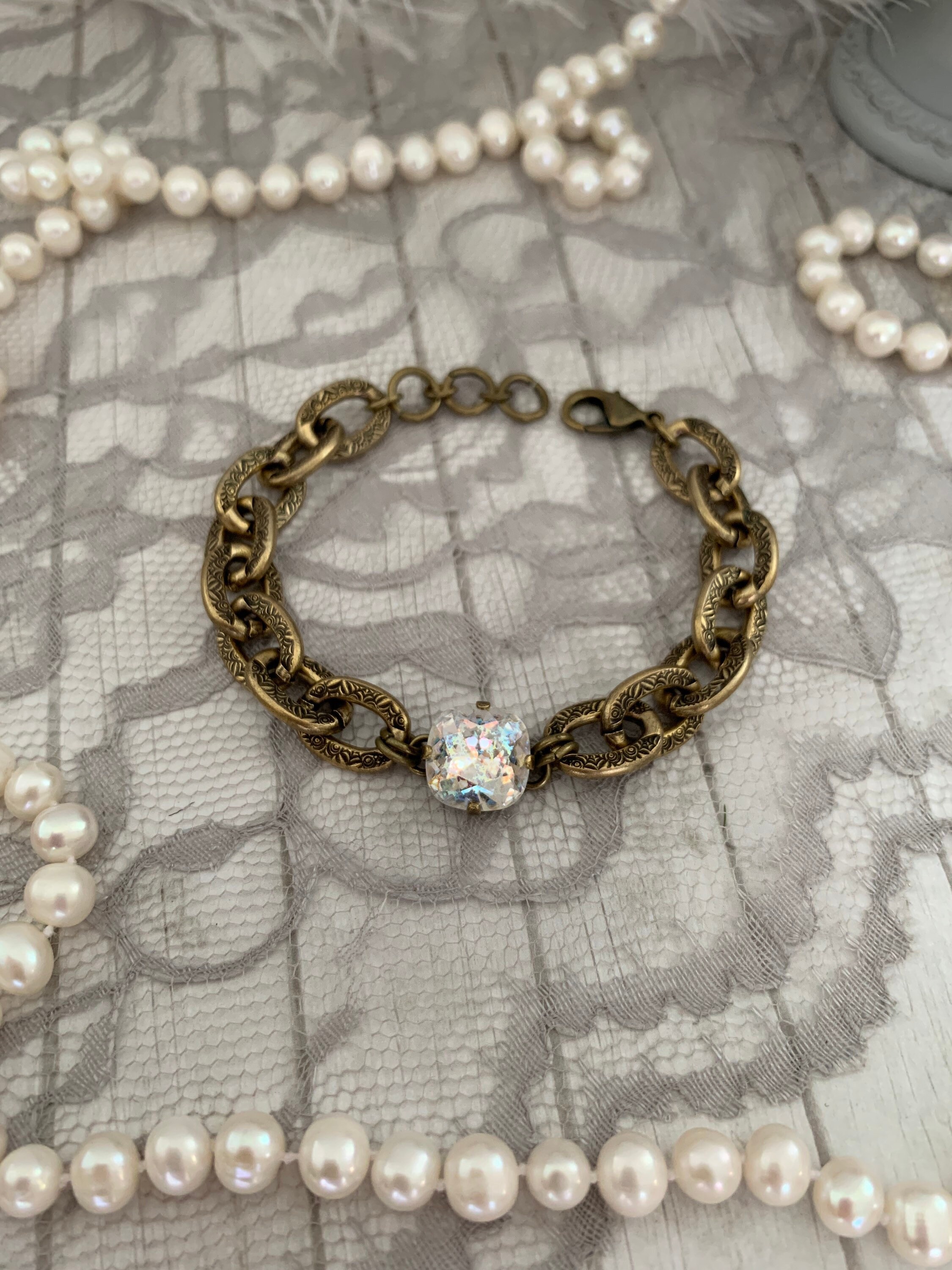Crystal and Chain Bracelet Single Stone Crystal Bracelet Solitare Bracelet Oval Link Chain ...