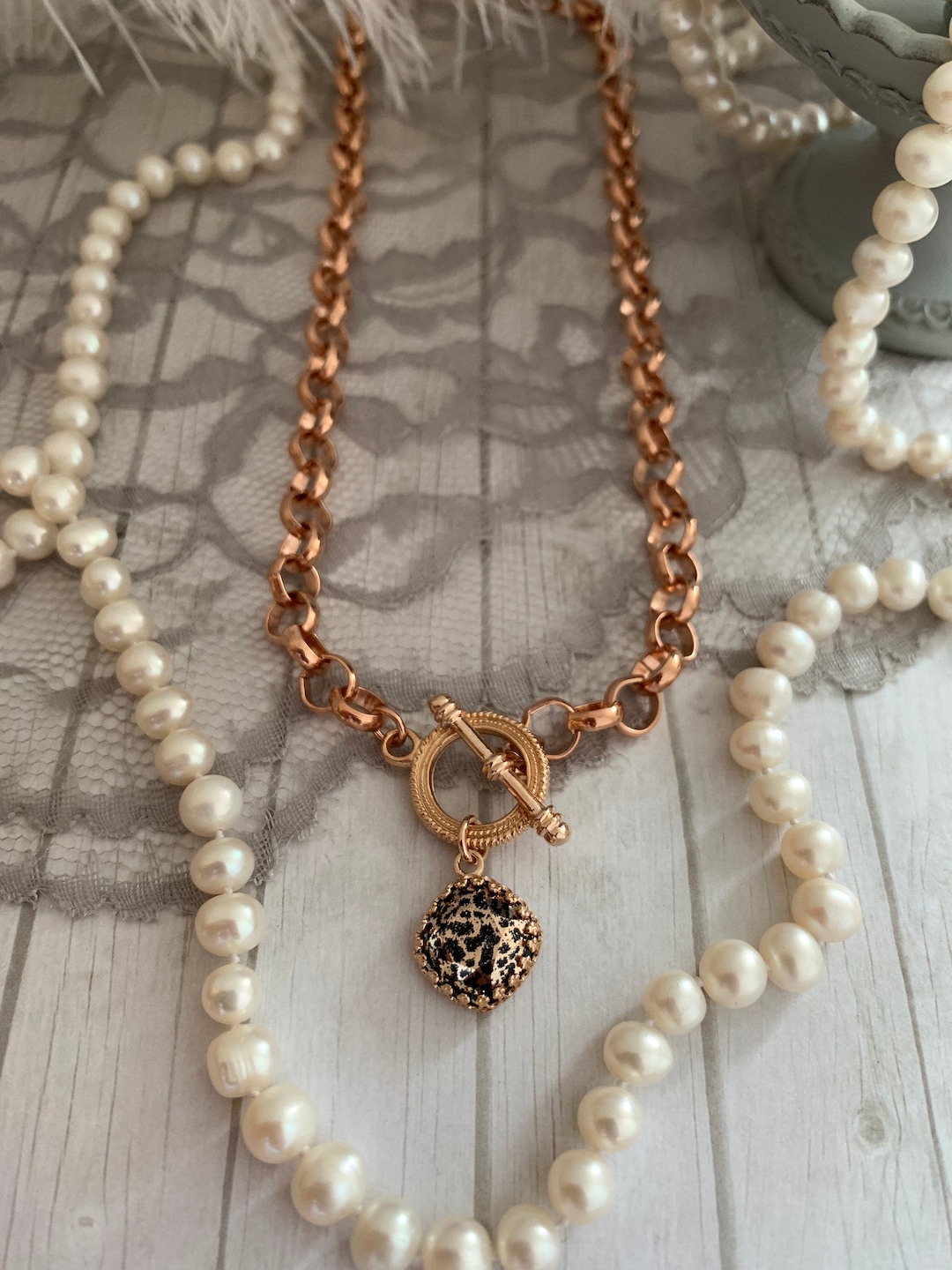 Rose Gold Toggle Clasp Chain Necklace With Charm, Solitaire Leopard ...