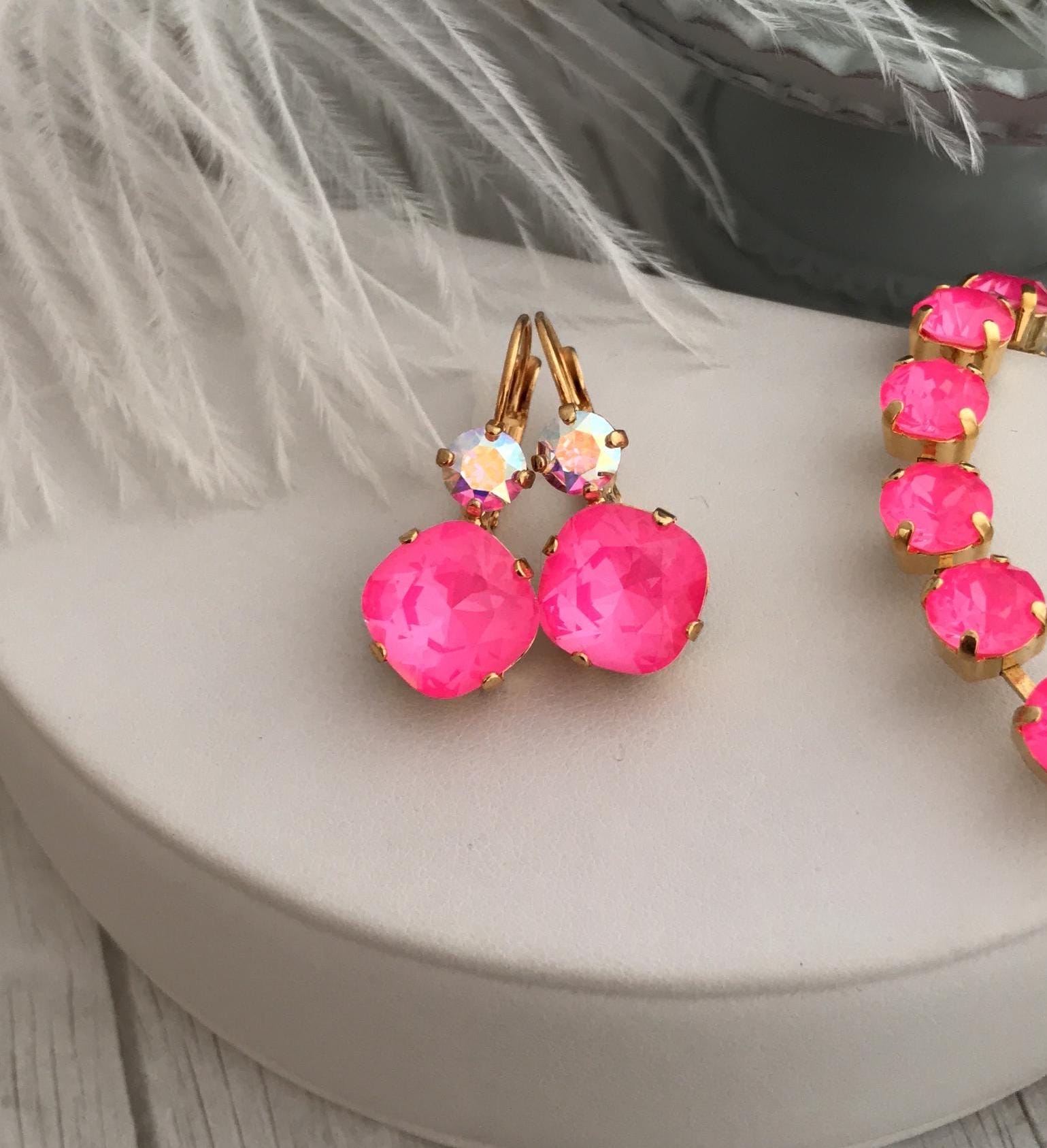 Electric Pink Austrian Crystal Drop Earring, Stacked Two Stone Earrings ...