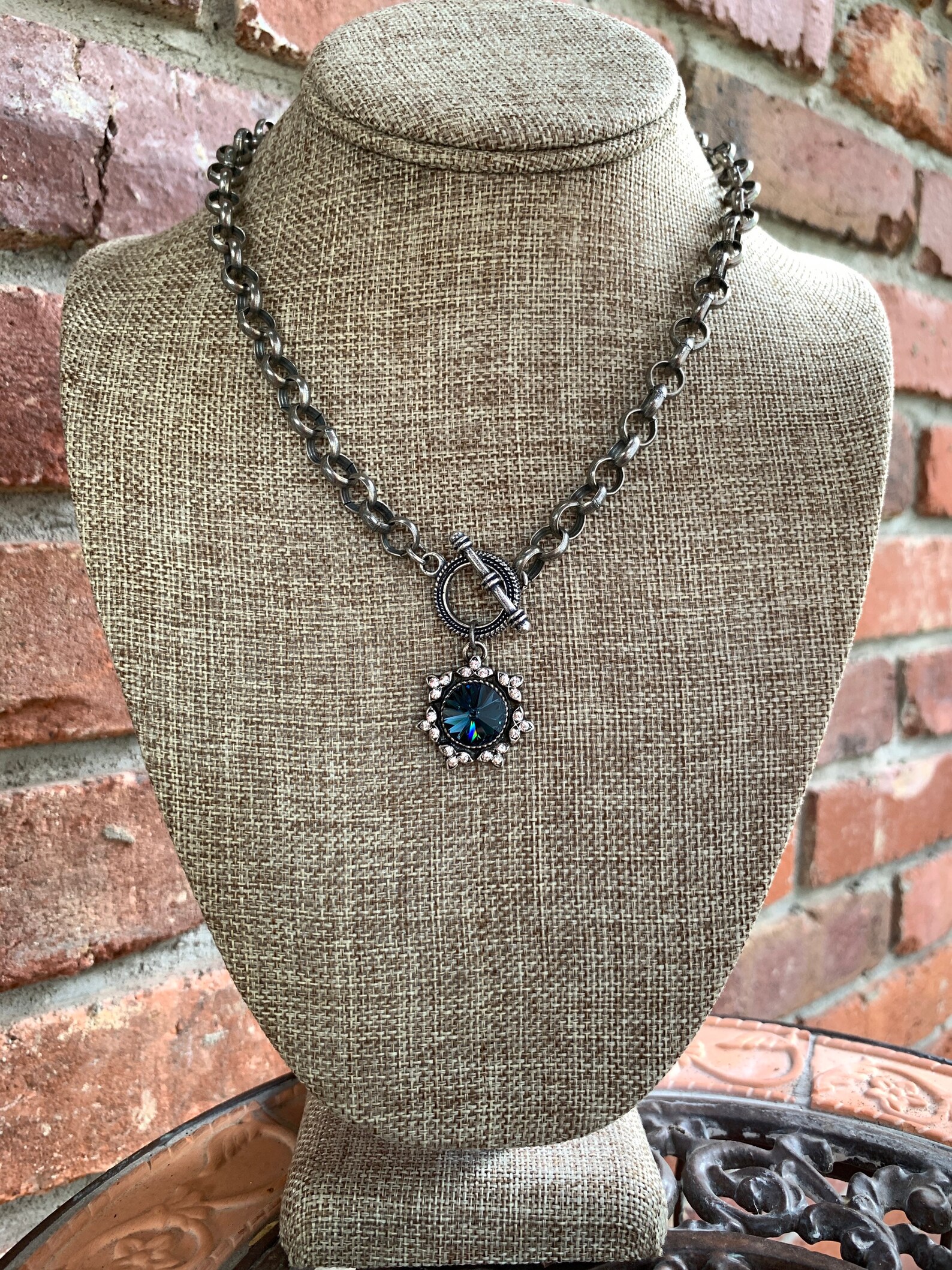 T-bar Toggle Clasp Chain Necklace and Charm Navy Blue Crystal | Etsy