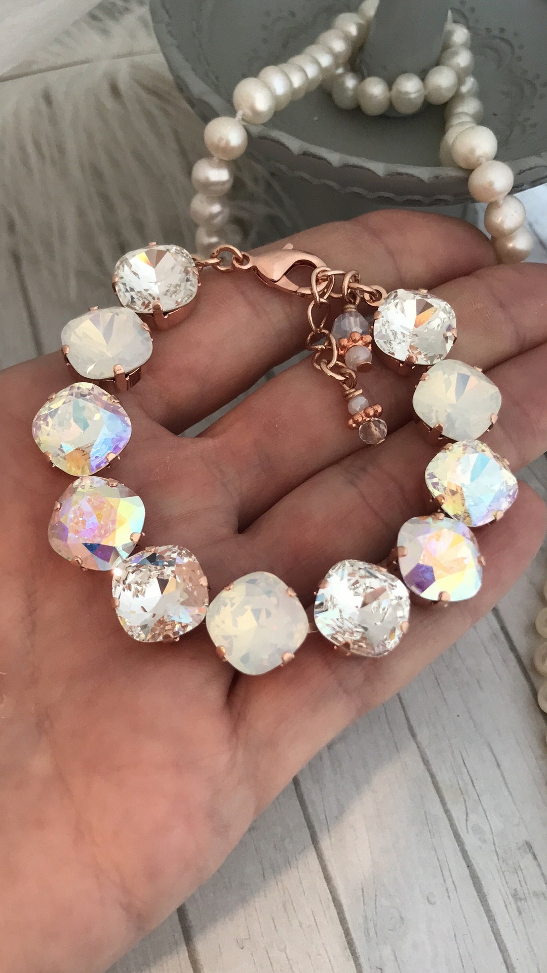 GLIMMERING GRACE White Opal and Iridescent Bridal Bracelet Rose Gold Tennis Bracelet Crystal AB ...