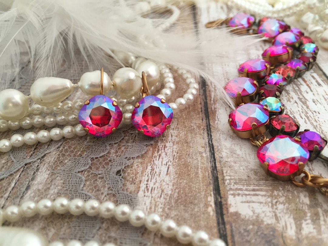 Red Square Stone Earring, Crystal Shimmer Earring, Iridescent Red ...