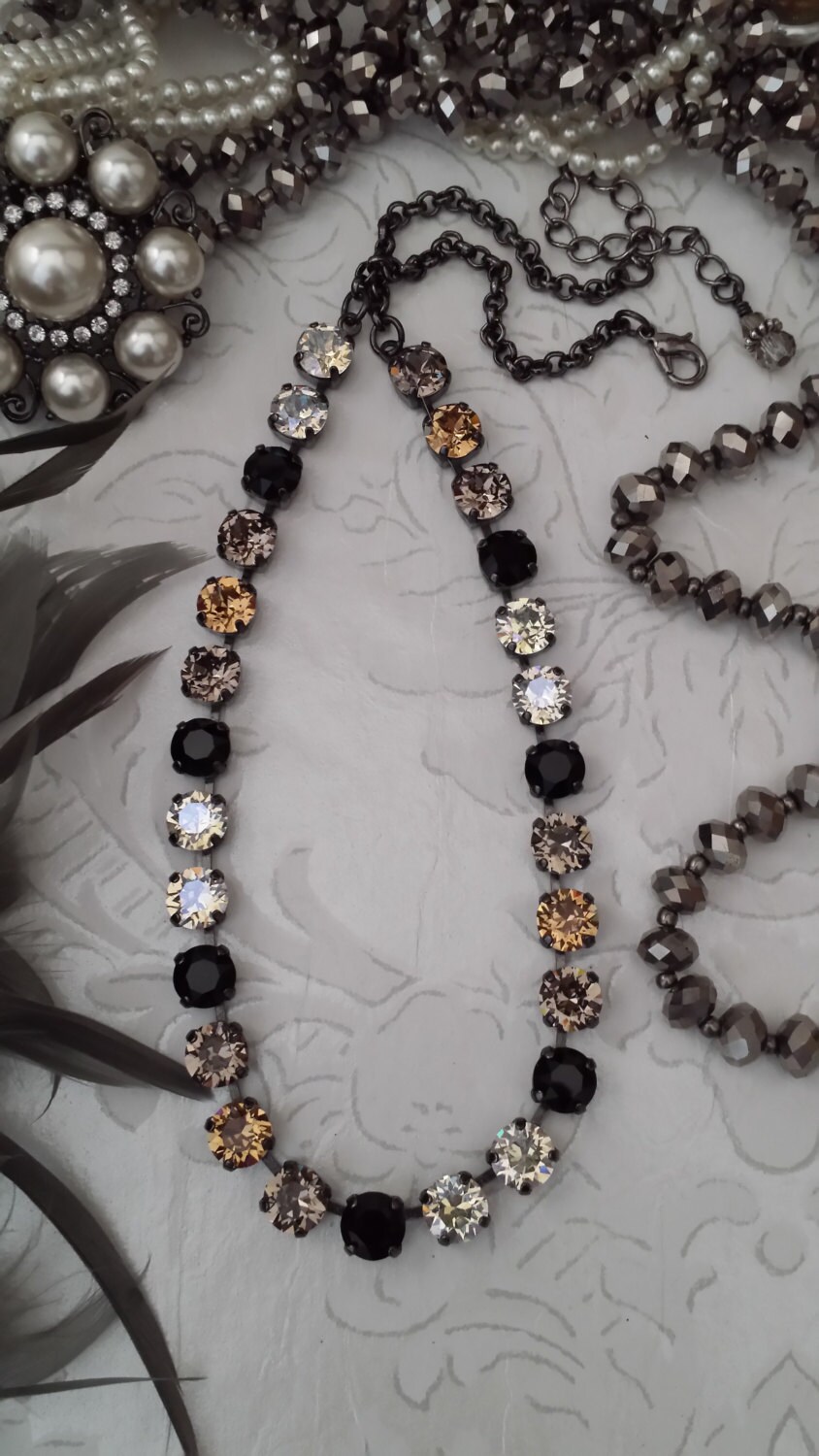 SNOW LEOPARD Black White Tan Crystal Necklace. Onyx and - Etsy