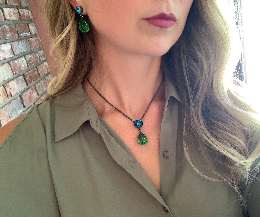 Plunging Teardrop Crystal Necklace Peacock Blue and Green Necklace ...