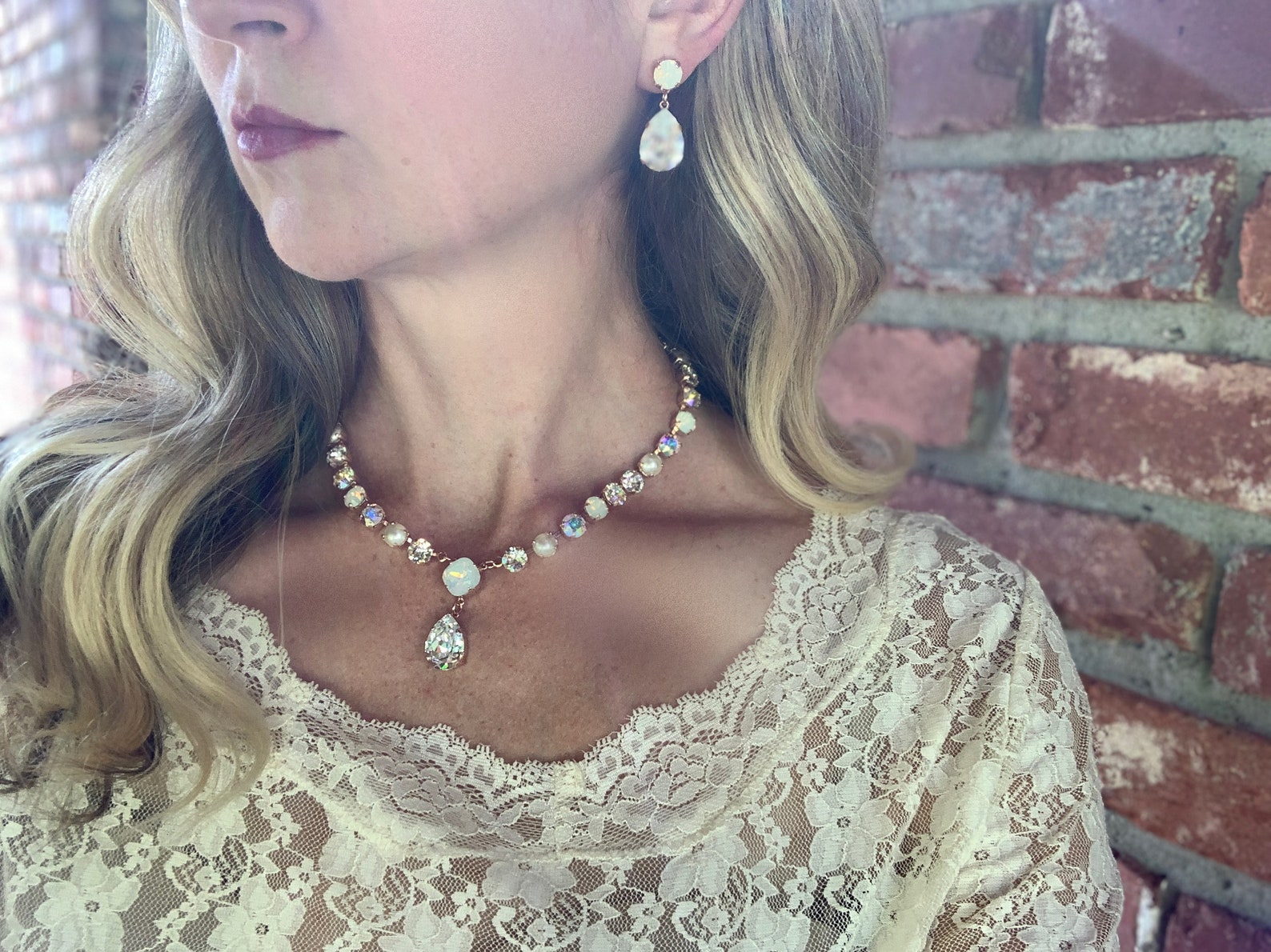 Plunging Bridal Necklace Teardrop Crystal Necklace Plunging Rose Gold ...