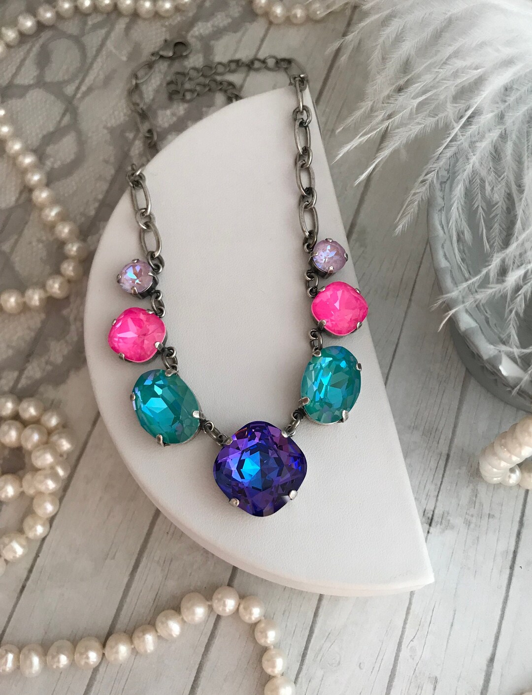 LUXE POP, Color Shift Mixed Crystal Cut Necklace Electric Pink Ignite ...