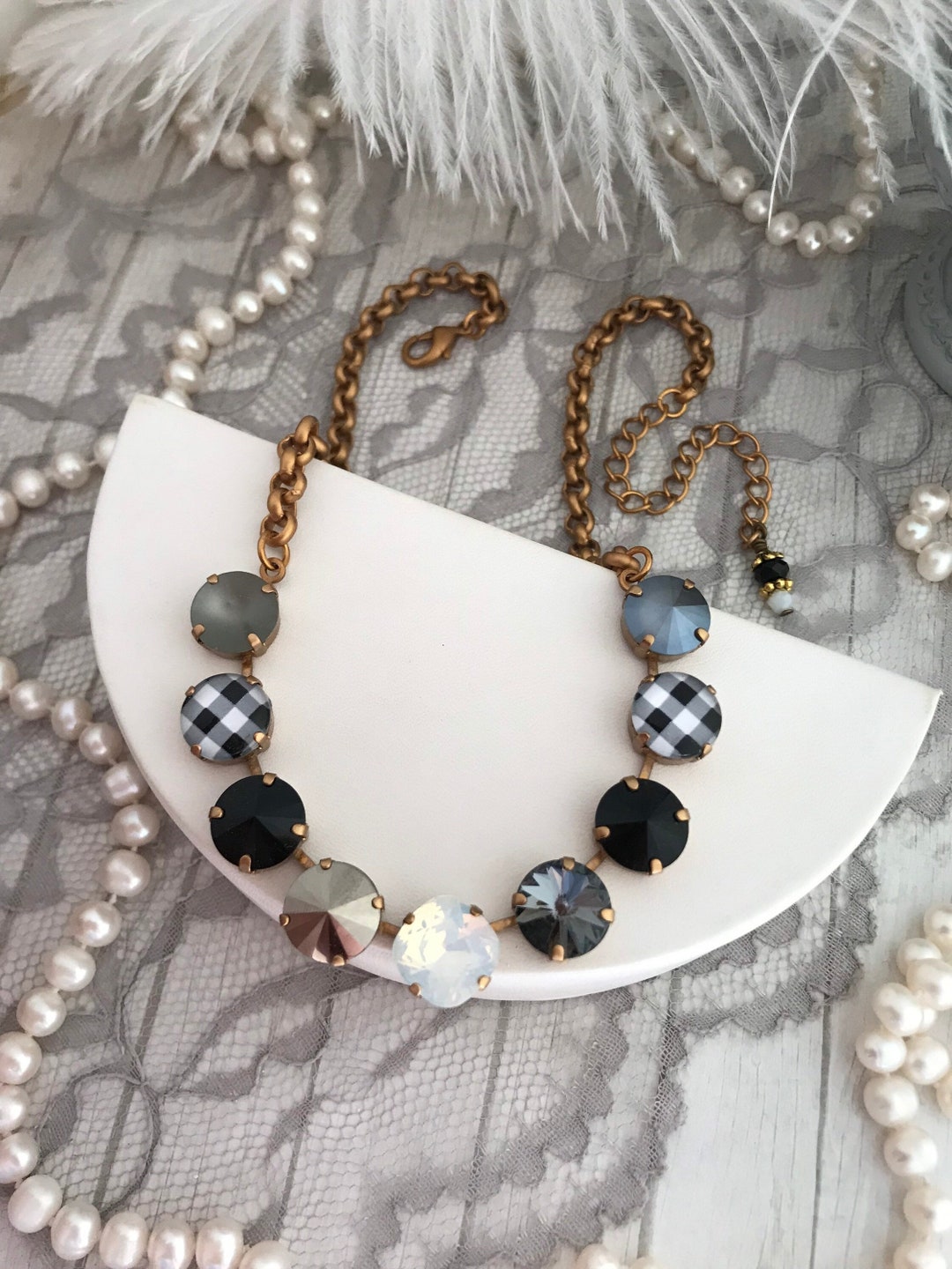 BLACK OUT, Black, White and Grey Crystal Necklace, Austrian Crystal ...