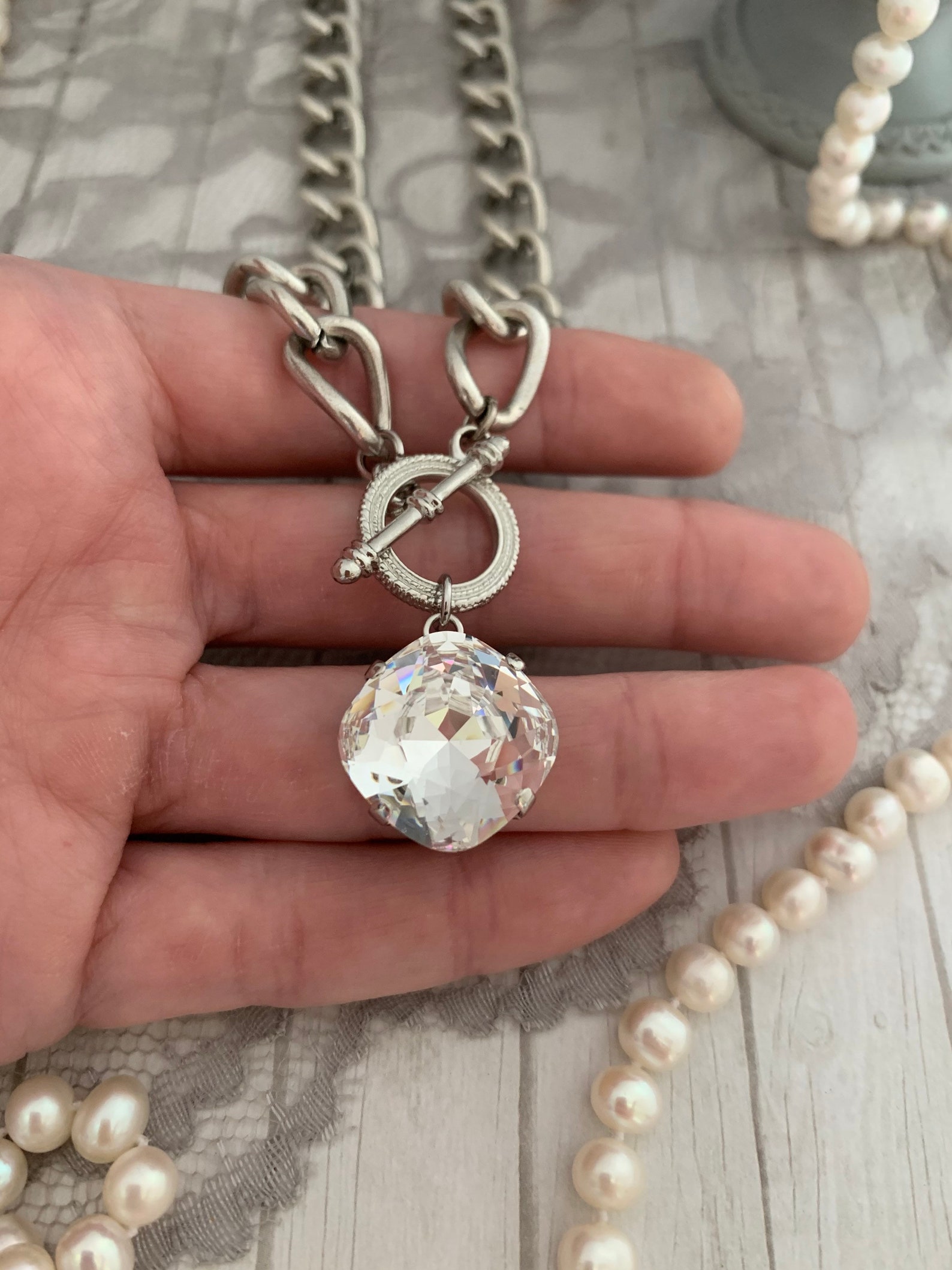 Toggle Clasp Necklace With Crystal Charm, Large Silver Link Chain ...