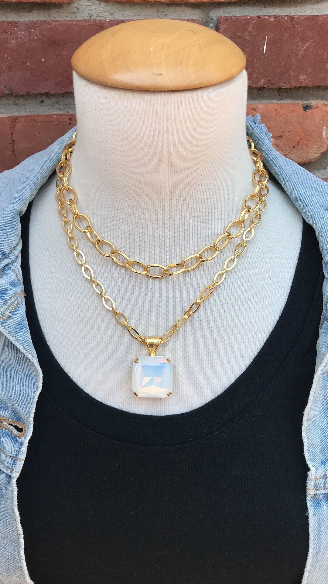 White Opal Large Square Stone Pendant Necklace, Gold Tone White Square ...
