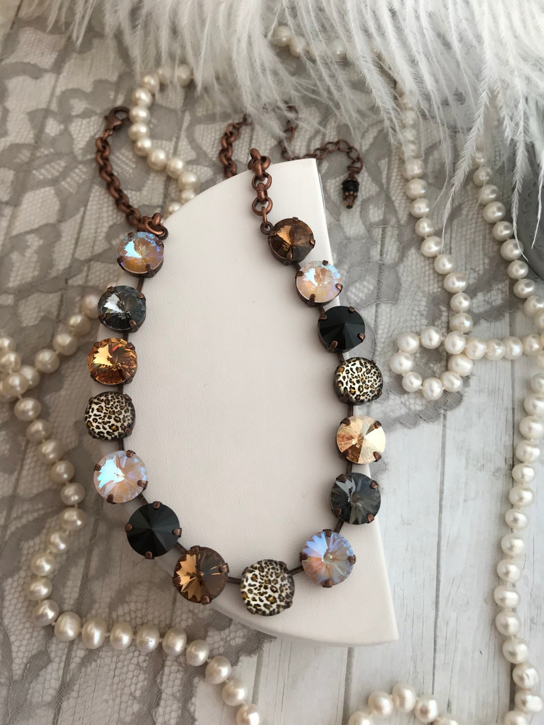 Leopard and Crystal Statement Necklace Smoked Topaz Black Ivory Rose ...