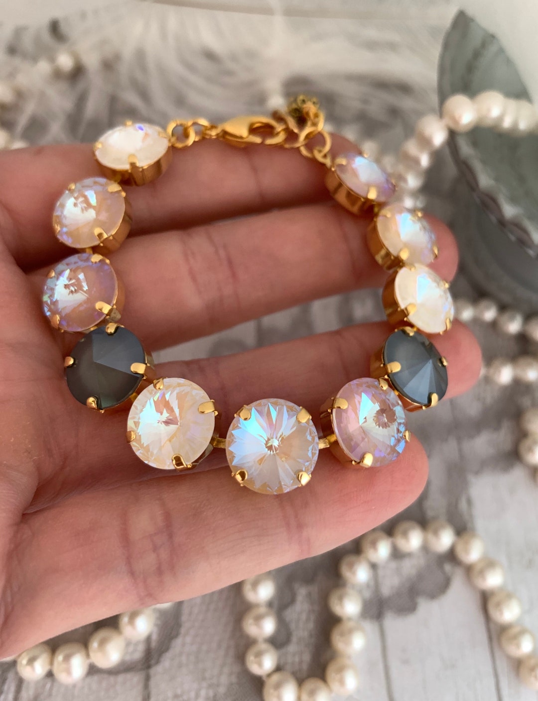 SILK and SATIN 12mm Crystal Stone Bracelet, Grey and White Ombre ...