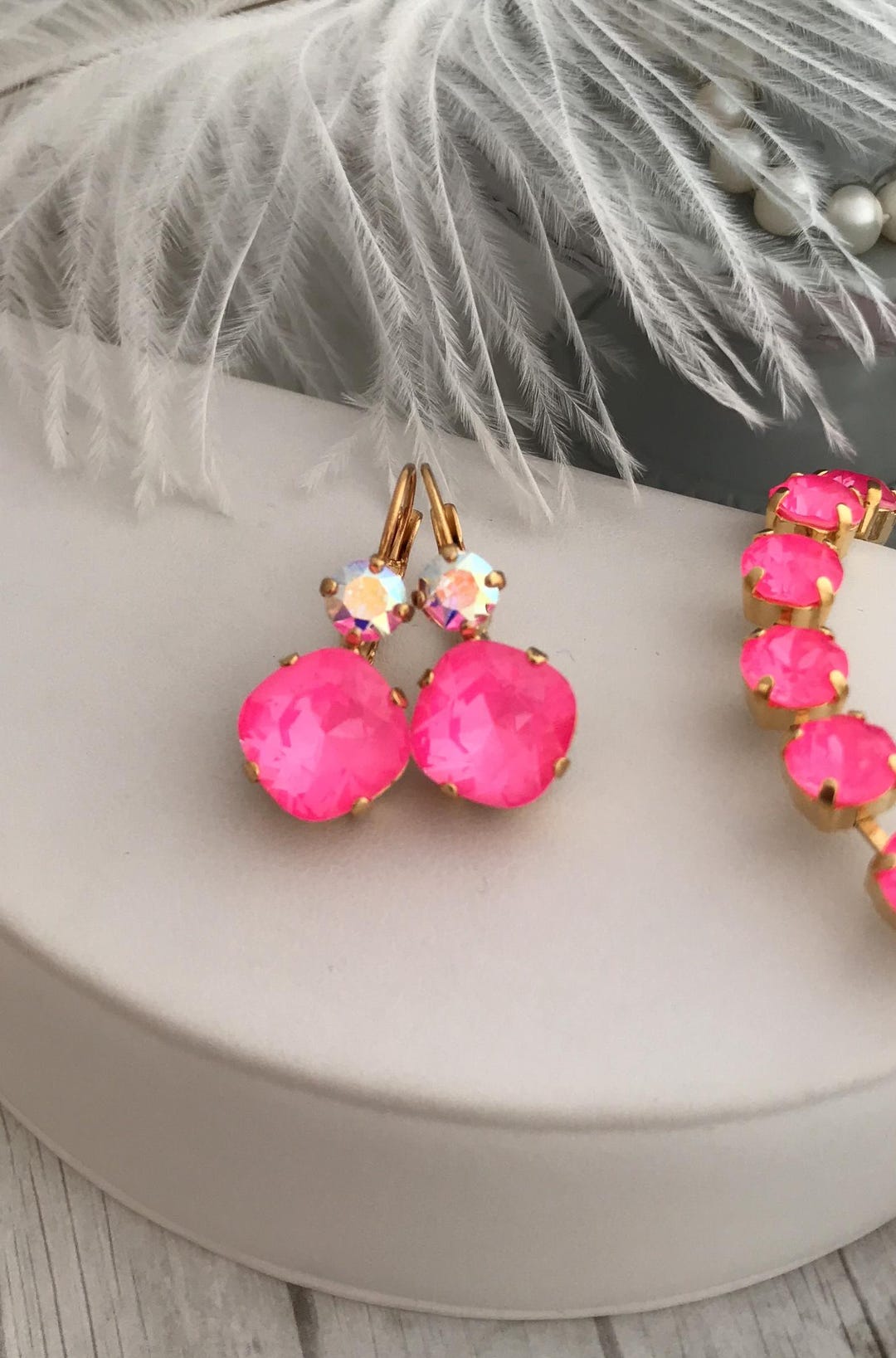Electric Pink Austrian Crystal Drop Earring, Stacked Two Stone Earrings ...