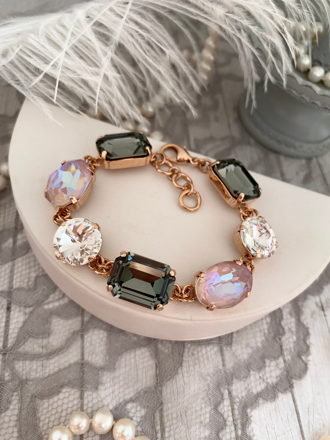 Oval Rhinestone Bracelet, Emerald Cut Crystal Bracelet, Black and White ...