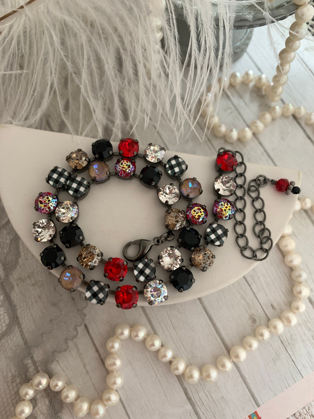 Red and White Rhinestone Necklace, Black and White Buffalo Check ...