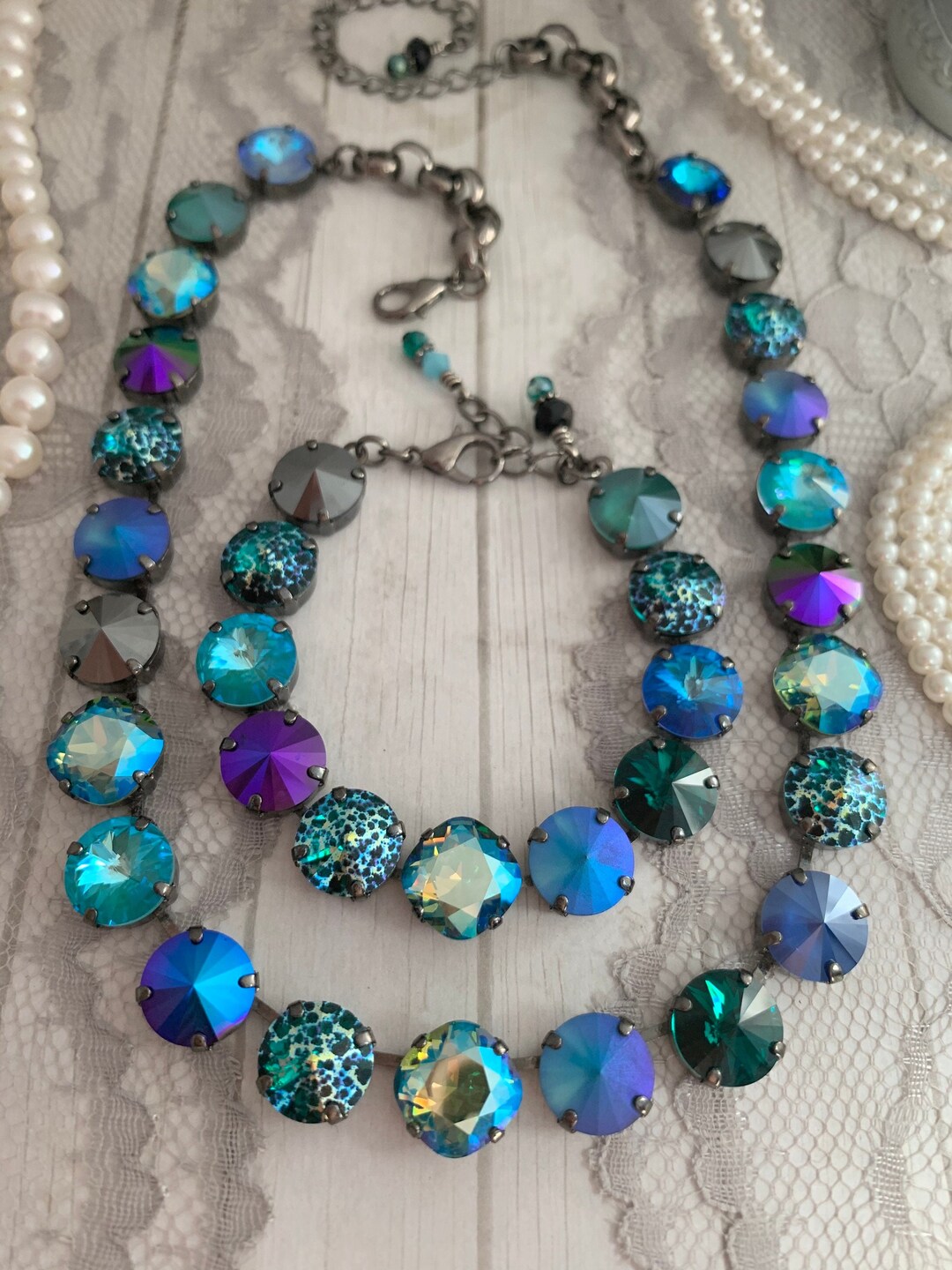Mixed Blue Round Stone Crystal Necklace. Peacock Blue Emerald - Etsy